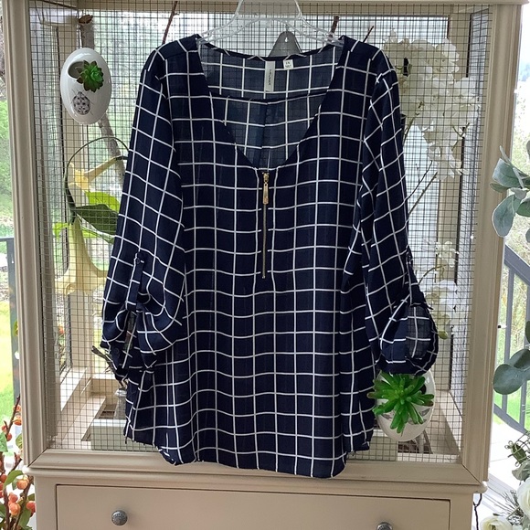 Tacera | Tops | Tacera Navy White Checked Blouse 2x | Poshmark